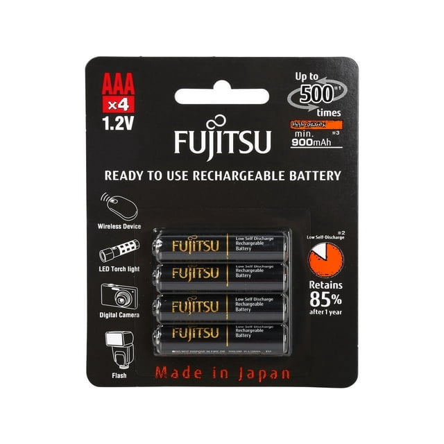 Fujitsu 4-Pack AAA Rechargeable Battery, NiMH 1.2V, Min. 900mAh, Ready ...