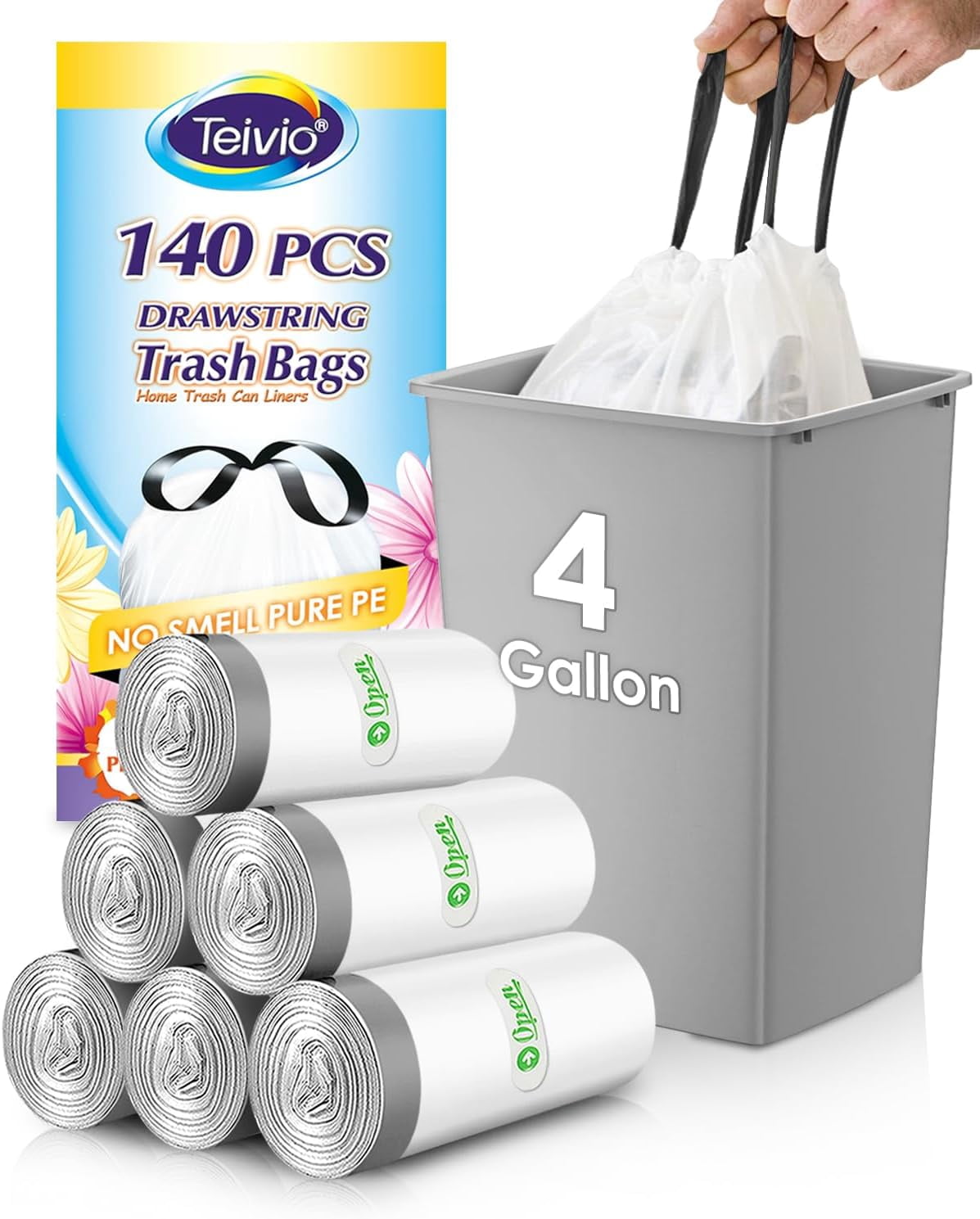 4 Gallon 140 Counts Strong Drawstring Trash Bags Garbage by , Bathroom ...