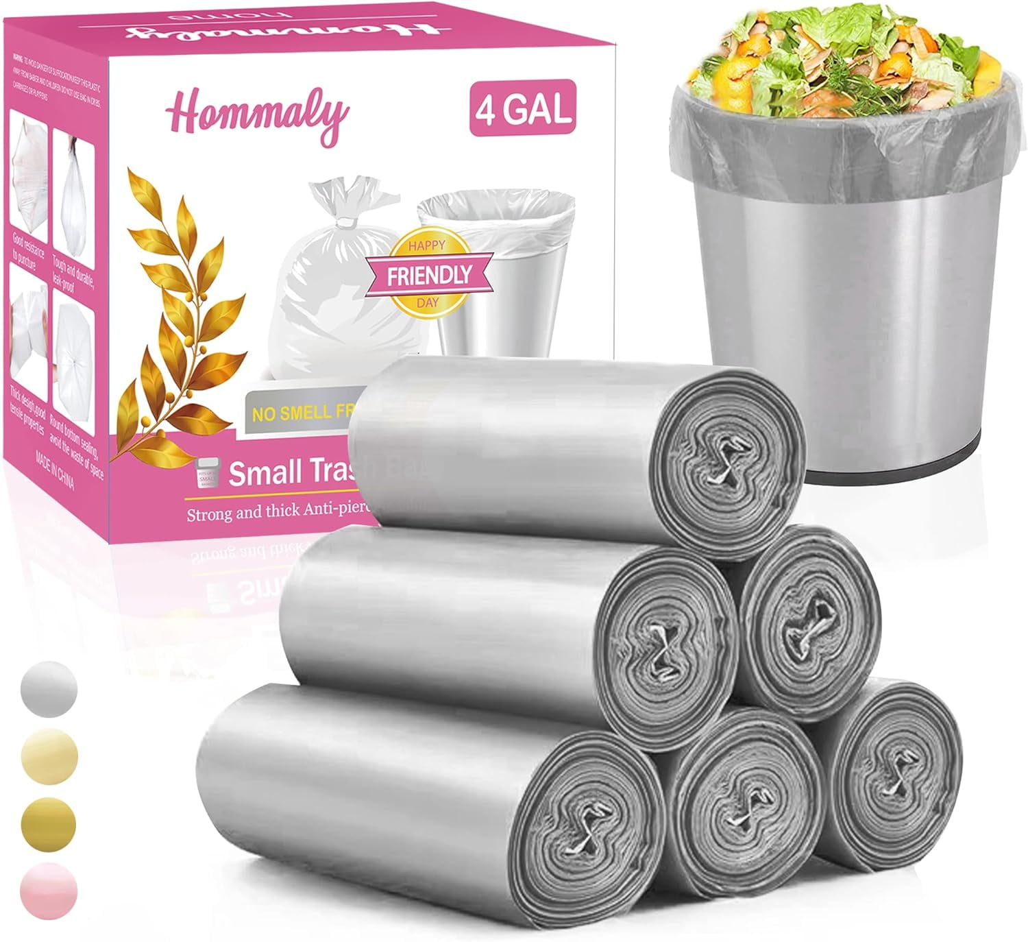 4 Gallon 180pcs Small Silver Trash Bags with Strong, Grey Garbage Bags ...