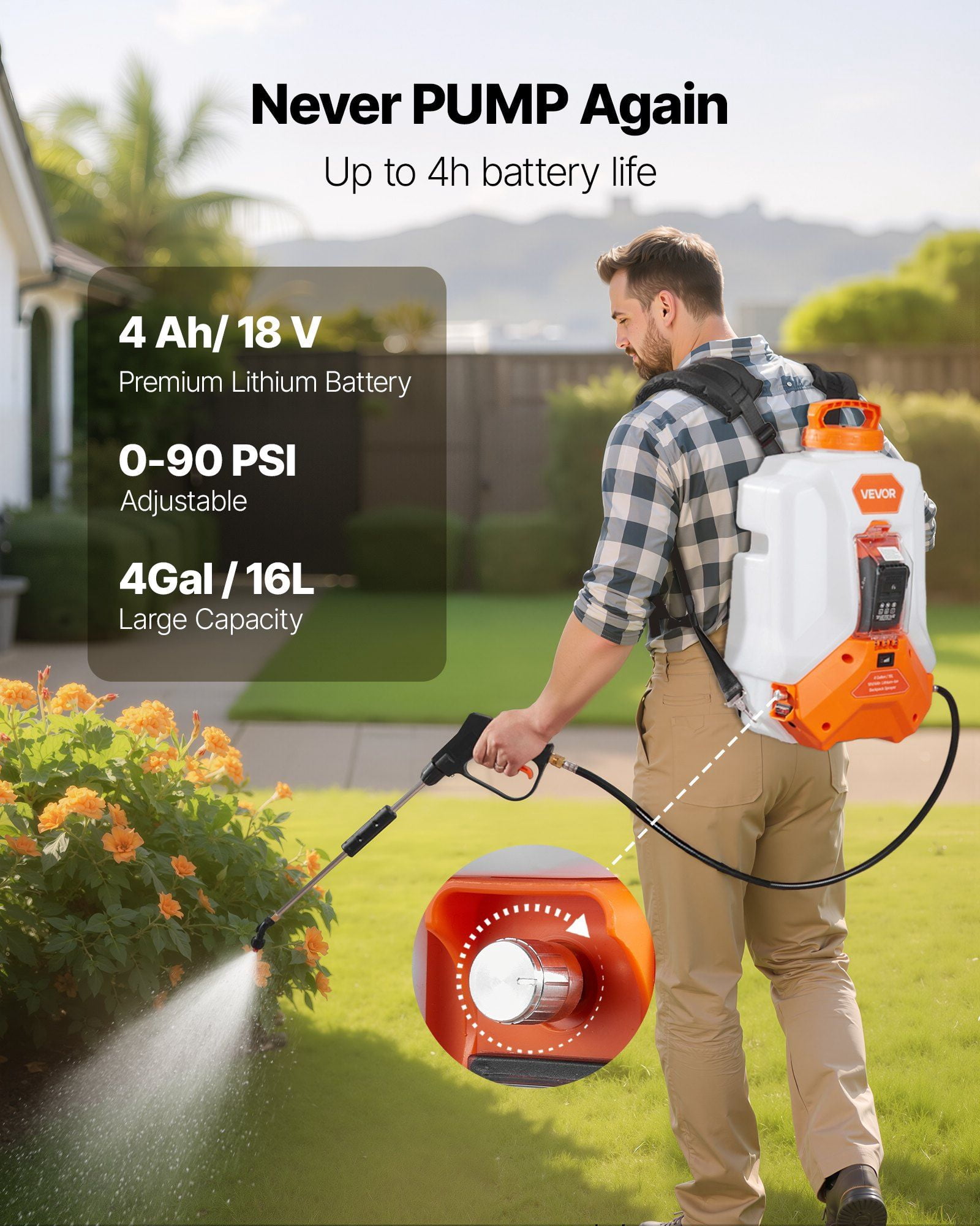 4 Gallon Cordless Backpack Sprayer, 0-90 PSI Adjustable, 4H Continuous ...