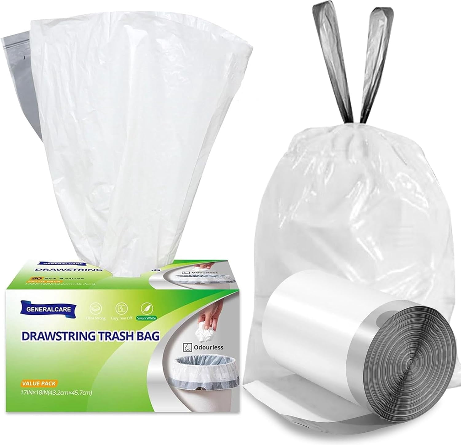 4 Gallon Drawstring Trash Bags, 80 Count - Small White Garbage Bags ...