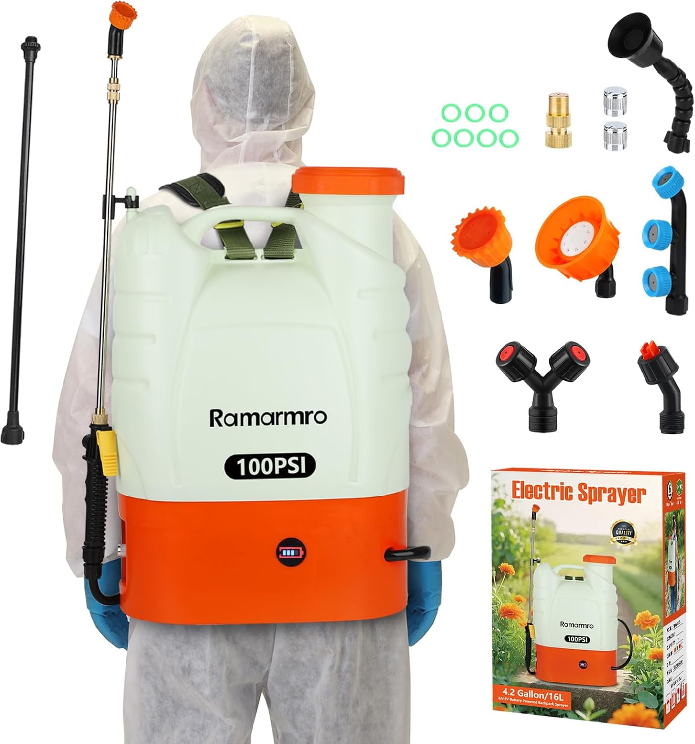 4 Gallon Lawn Garden Sprayer 8Ah 7.4V Lithium Battery Powered, 100 PSI Cut Off Pressure with 8 ...