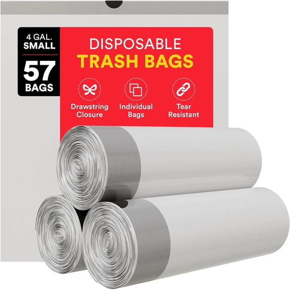 4 Gallon Small Trash Bags Drawstring, 57 Count White Unscented Garbage ...