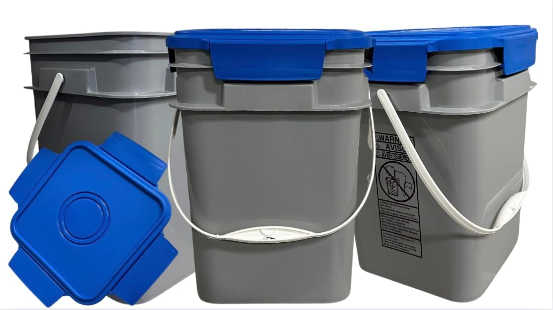 4 Gallon Square Bucket Pail with Plastic Handles and Blue Lid (3 ...