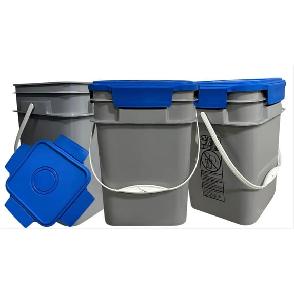 4 Gallon Square Bucket Pail with Plastic Handles and Blue Lid (3 ...