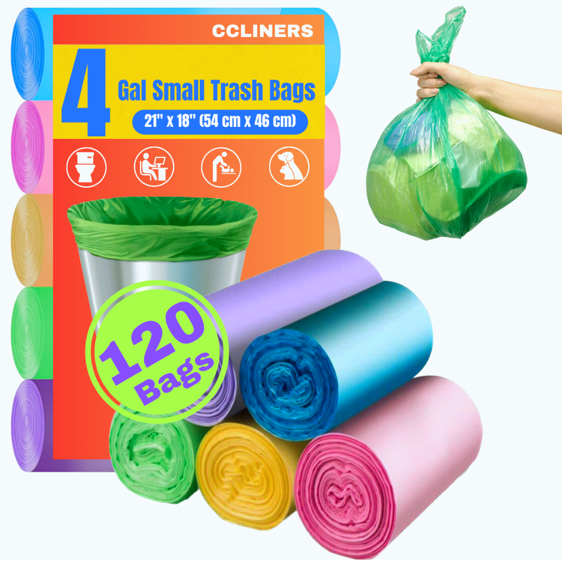 4 Gallon Trash Bags (120 Bags) Small Bathroom Garbage Bags Color Trash ...