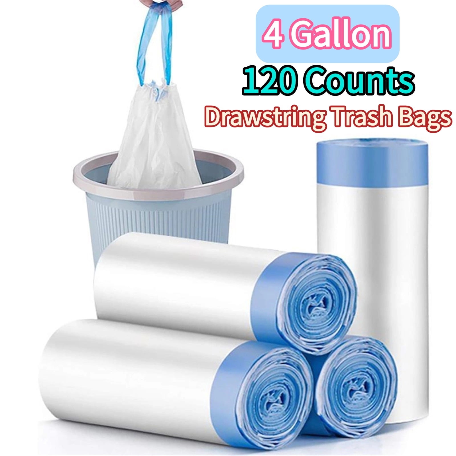 4 Gallon Trash Bags Drawstring - 120 Count Blue Small Garbage Bags ...