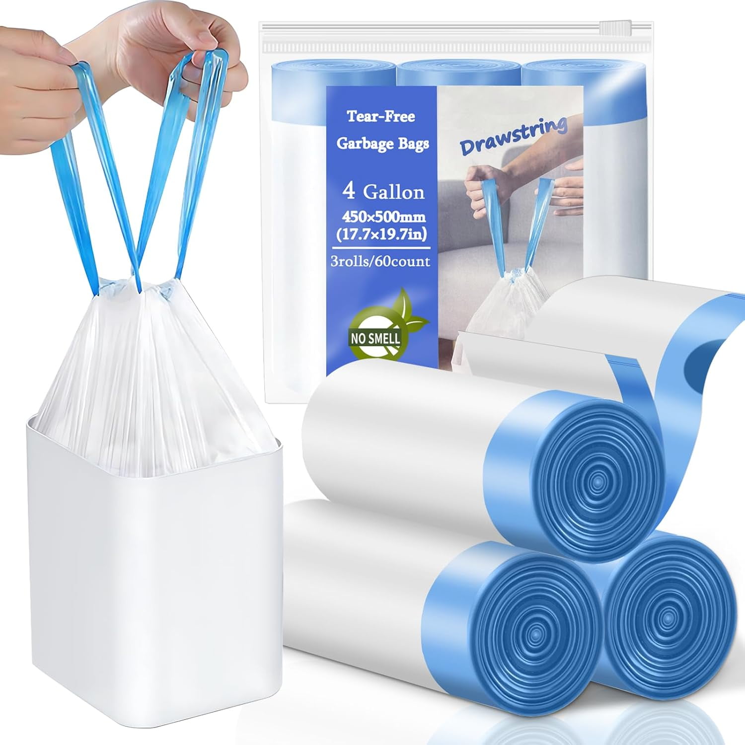 4 Gallon Trash Bags Drawstring, Small Trash Bags Tear-Free, 4 Gal ...