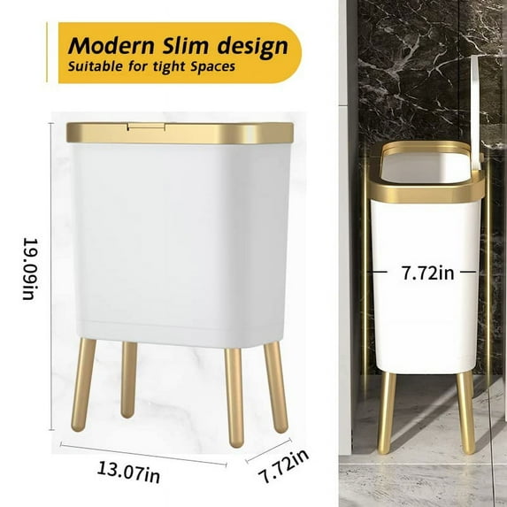 4 Gallon White & Gold Plastic Trash Can with Legs Push-Button Lid Dog ...