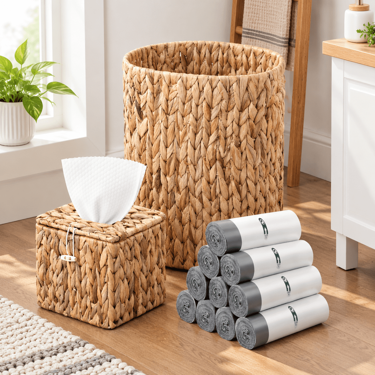 4 Gallon Wicker Trash Can Handwoven Bathroom Square Water Hyacinth ...