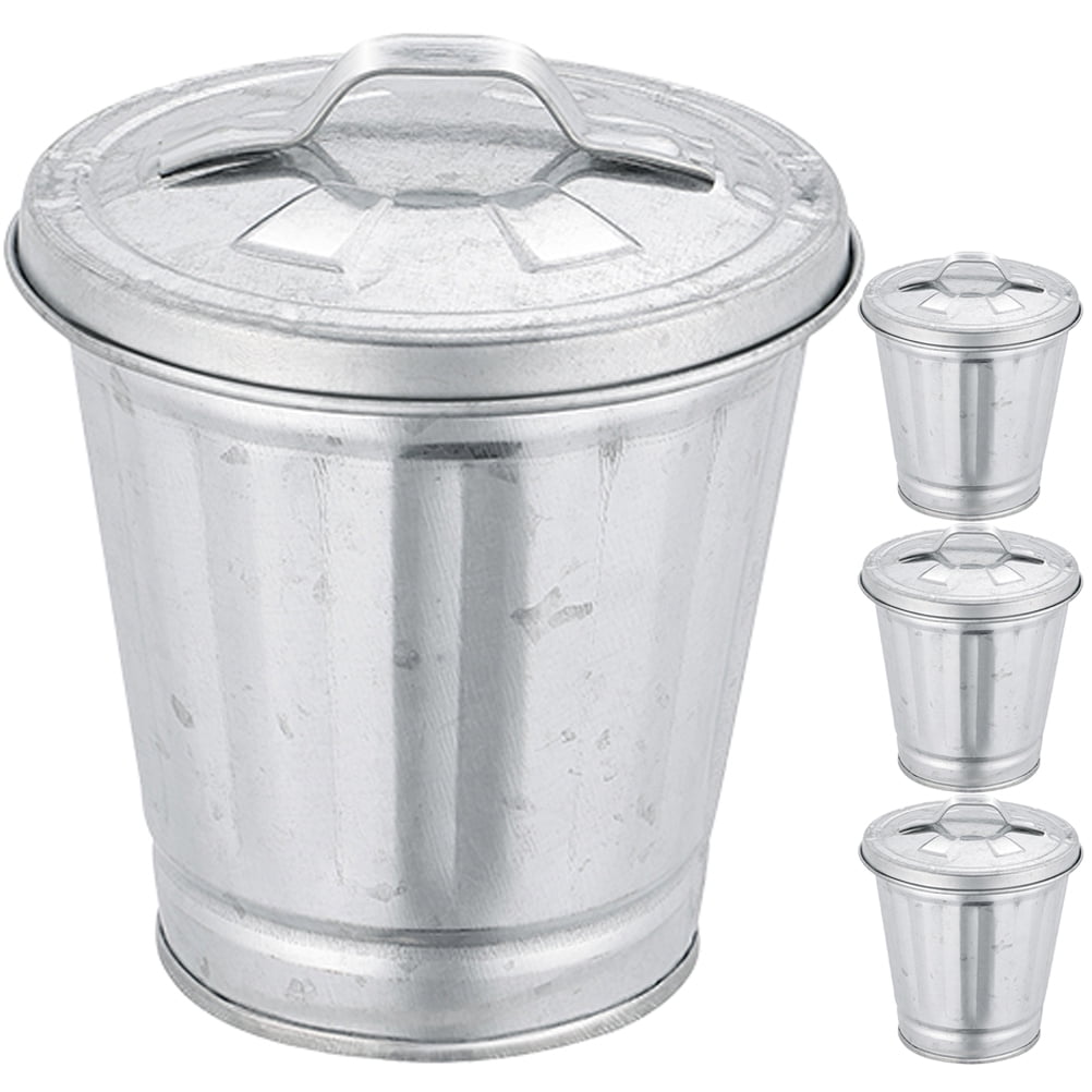 4 Galvanized Mini Trash Cans with Lid - Countertop Wastebaskets ...