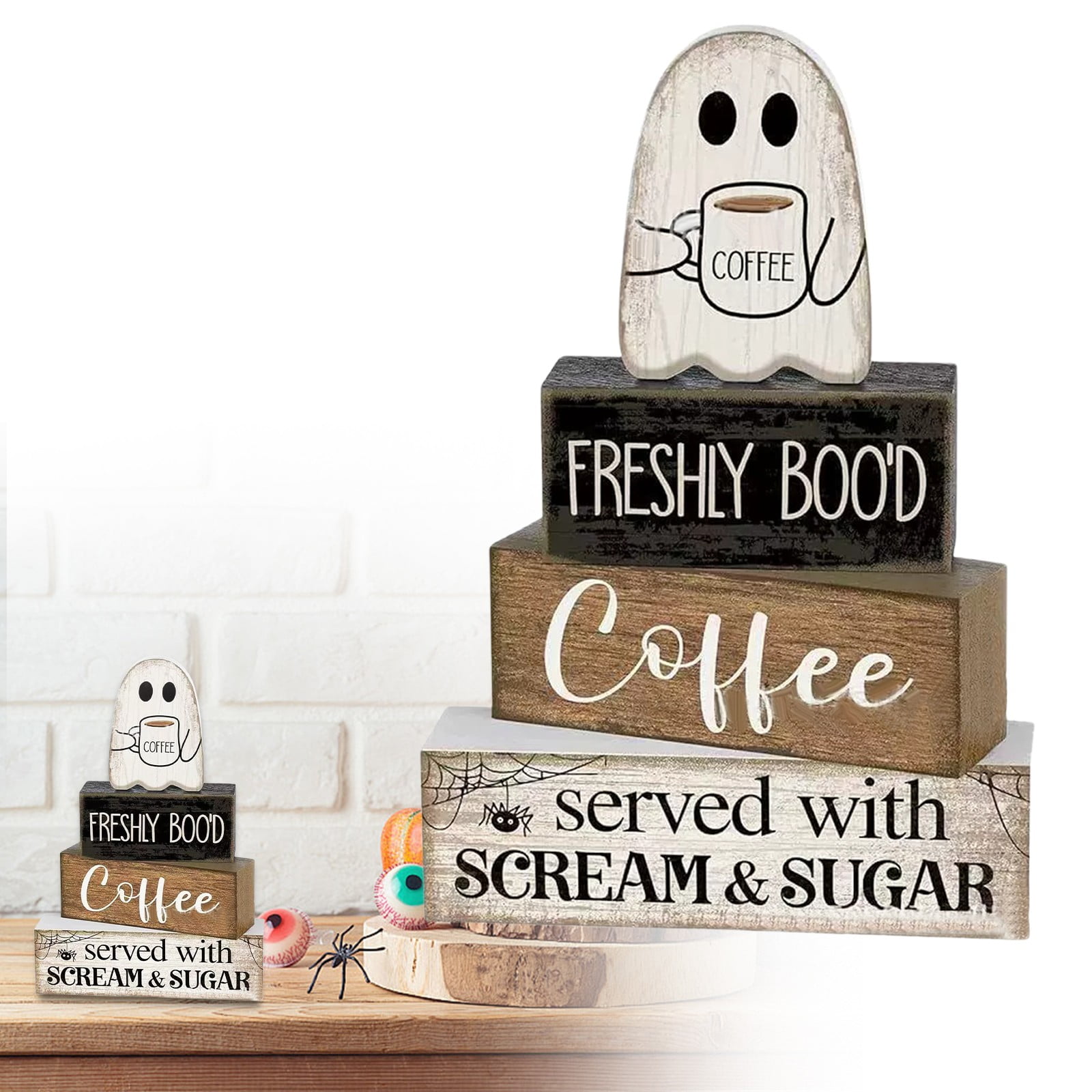 4 Ghost Figurines,Coffee Ghost Wooden Sign,4 Pcs Halloween Table Decor ...