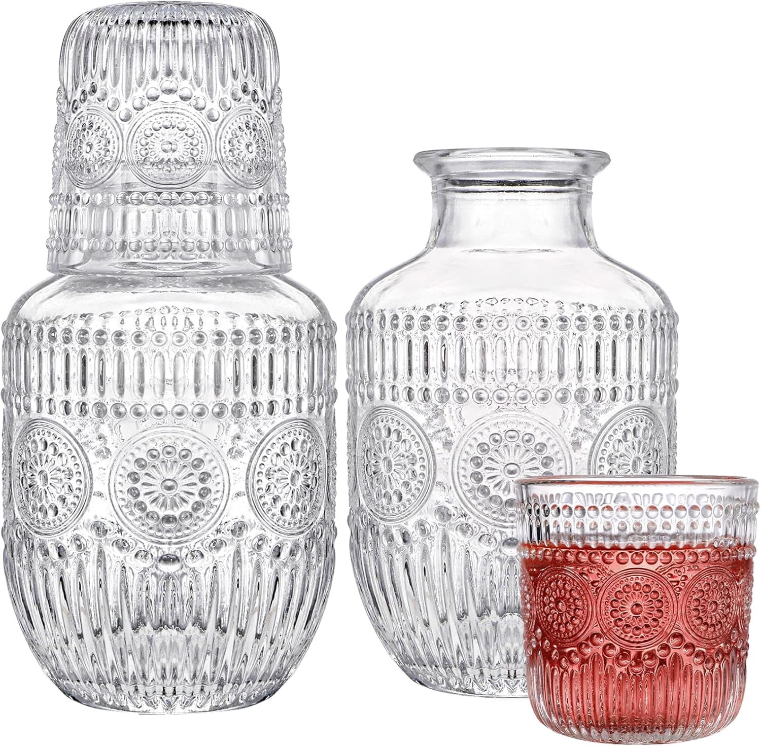 4- Glass Bedside Carafe and Tumbler Set - 18 oz Water Pitcher & 5 oz ...