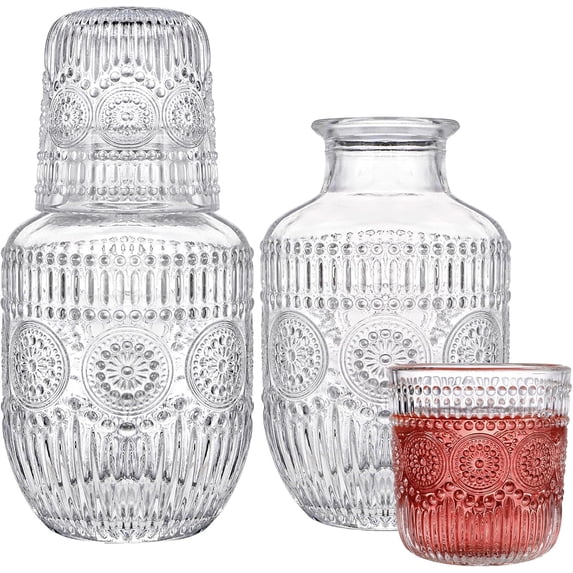 4- Glass Bedside Carafe and Tumbler Set - 18 oz Water Pitcher & 5 oz ...