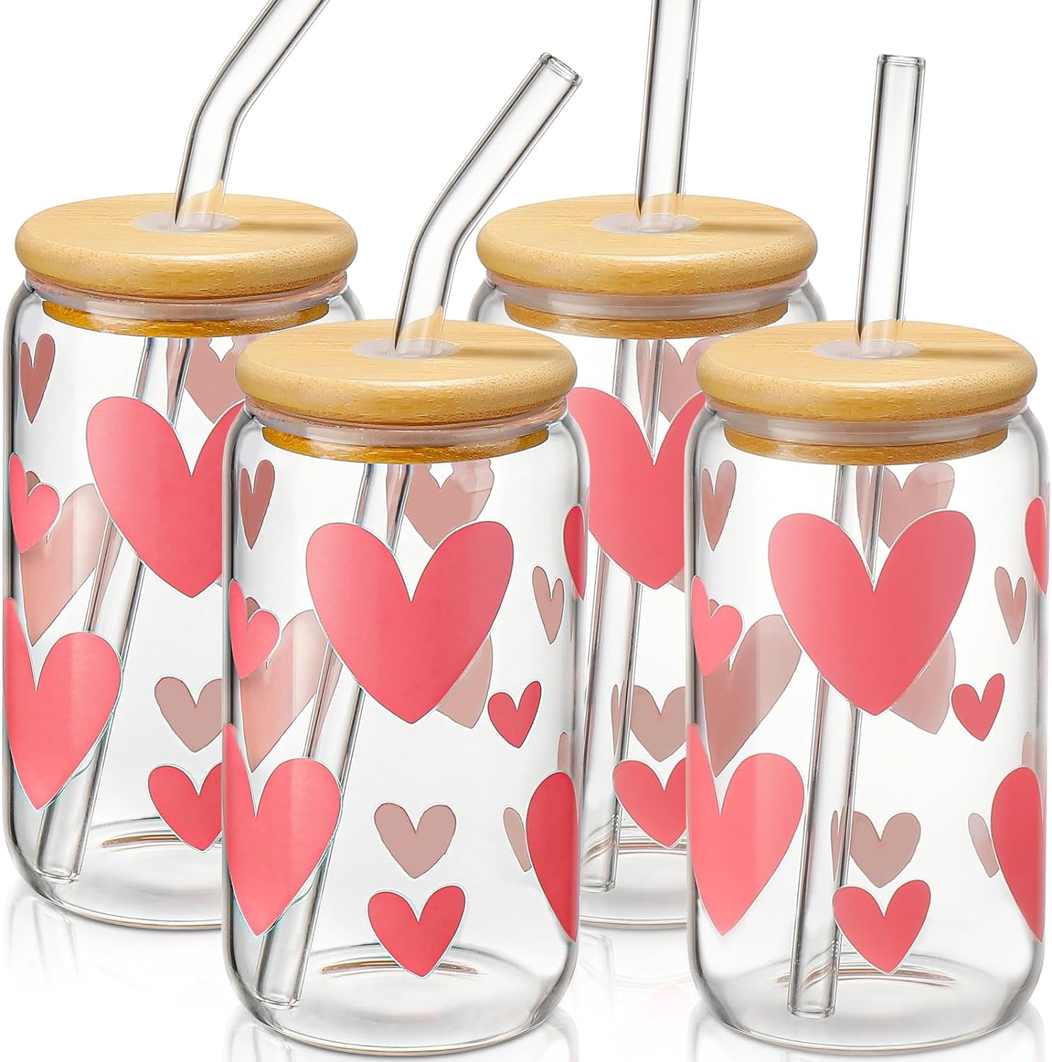 4 Glass Cups with Lids and Straws, 16 Ounce Coffee Bar Accessory ...
