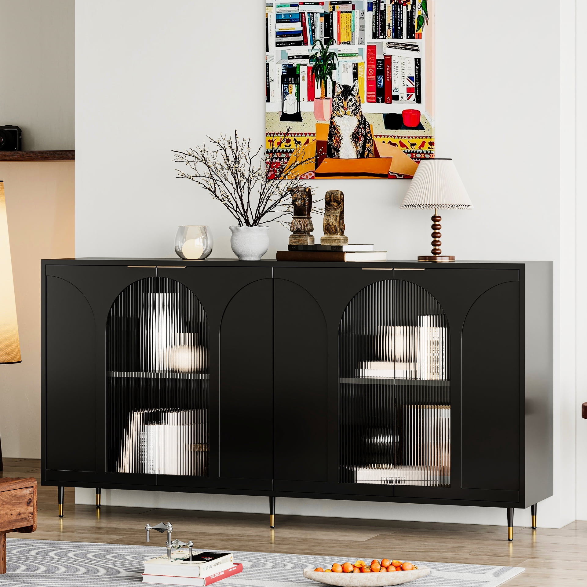 4 Glass Doors Accent Cabinet In Black Lacquer: Wooden Storage For ...