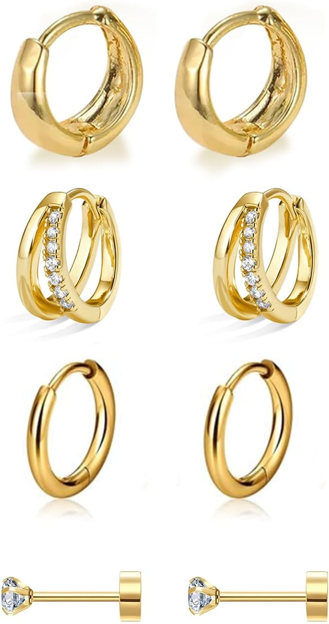 4 Gold/Silver Earrings Women 14K Gold Hypoallergenic Surgical Steel ...