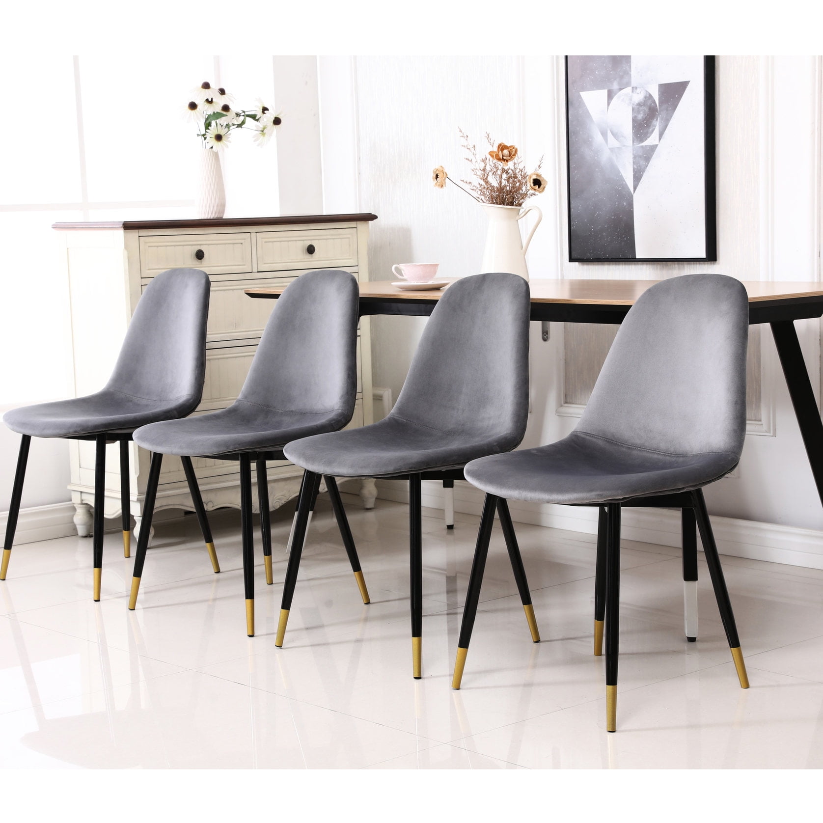 4 Gray Velvet Upholstered Dining Chairs with Angled Legs / Ideal for ...