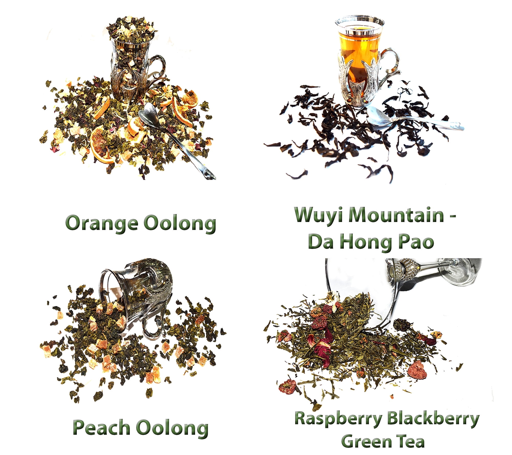 4 Green Tea and Oolong Tea Samplers, Caffeinated, Raspberry Blackberry Green Tea, Peach Oolong ...