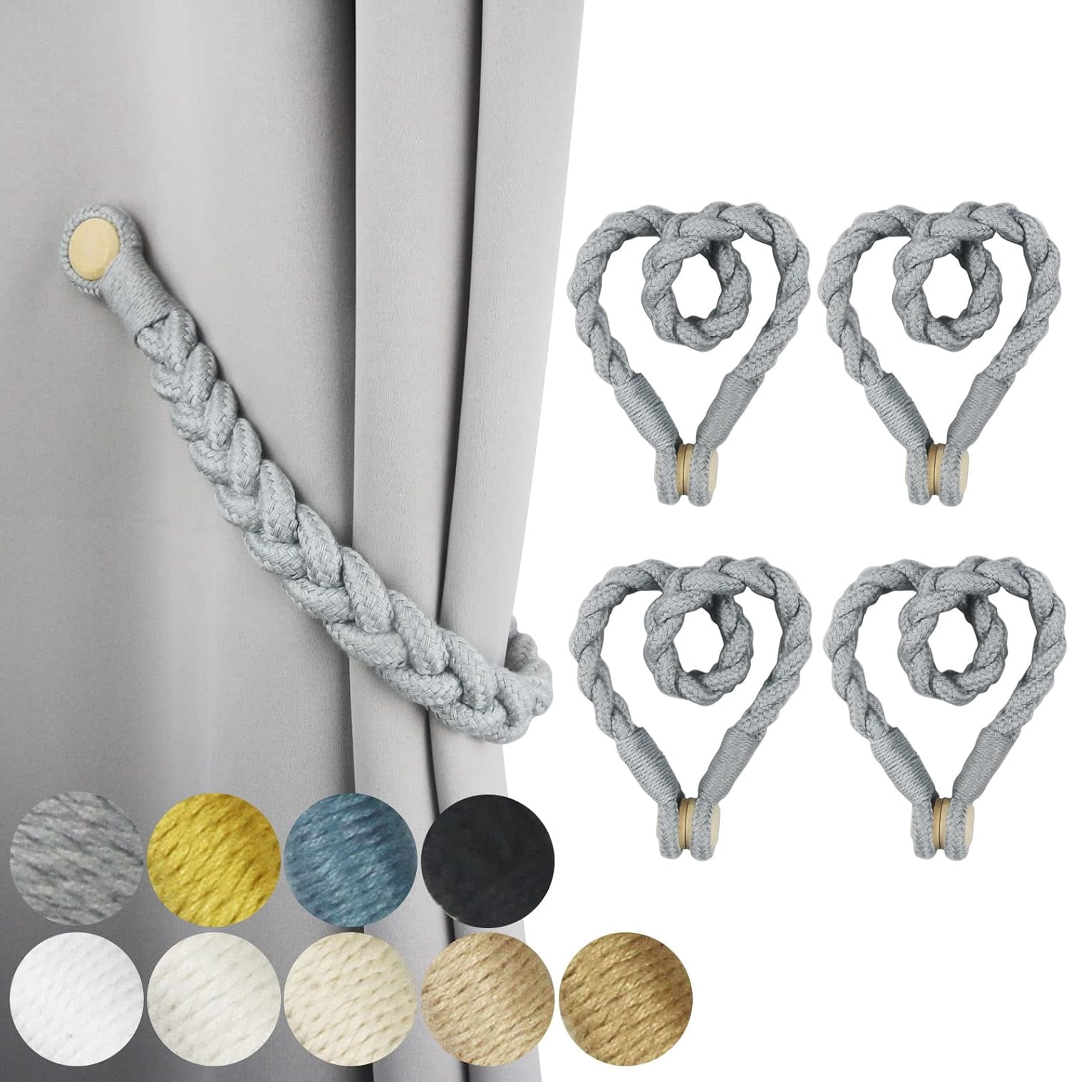 4 Grey Soft Curtain Tiebacks Hand-Woven Tieback Holdback Decorative Tie ...