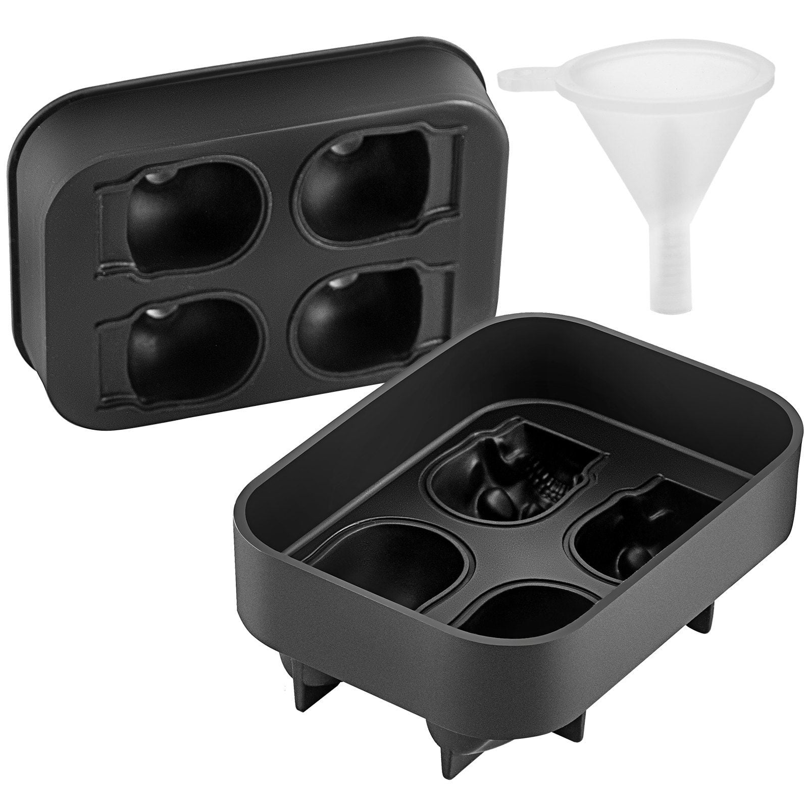 4-Grid Skull Ice Cube Tray with Lid & Funnel, Flexible Black Silicone ...