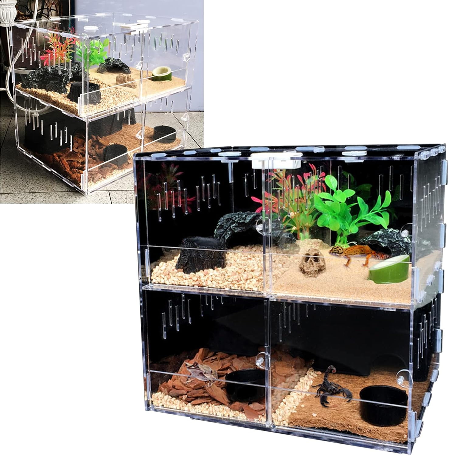 4 Grids Acrylic Reptile Cage with Thermometer, Multiple Ventilation ...