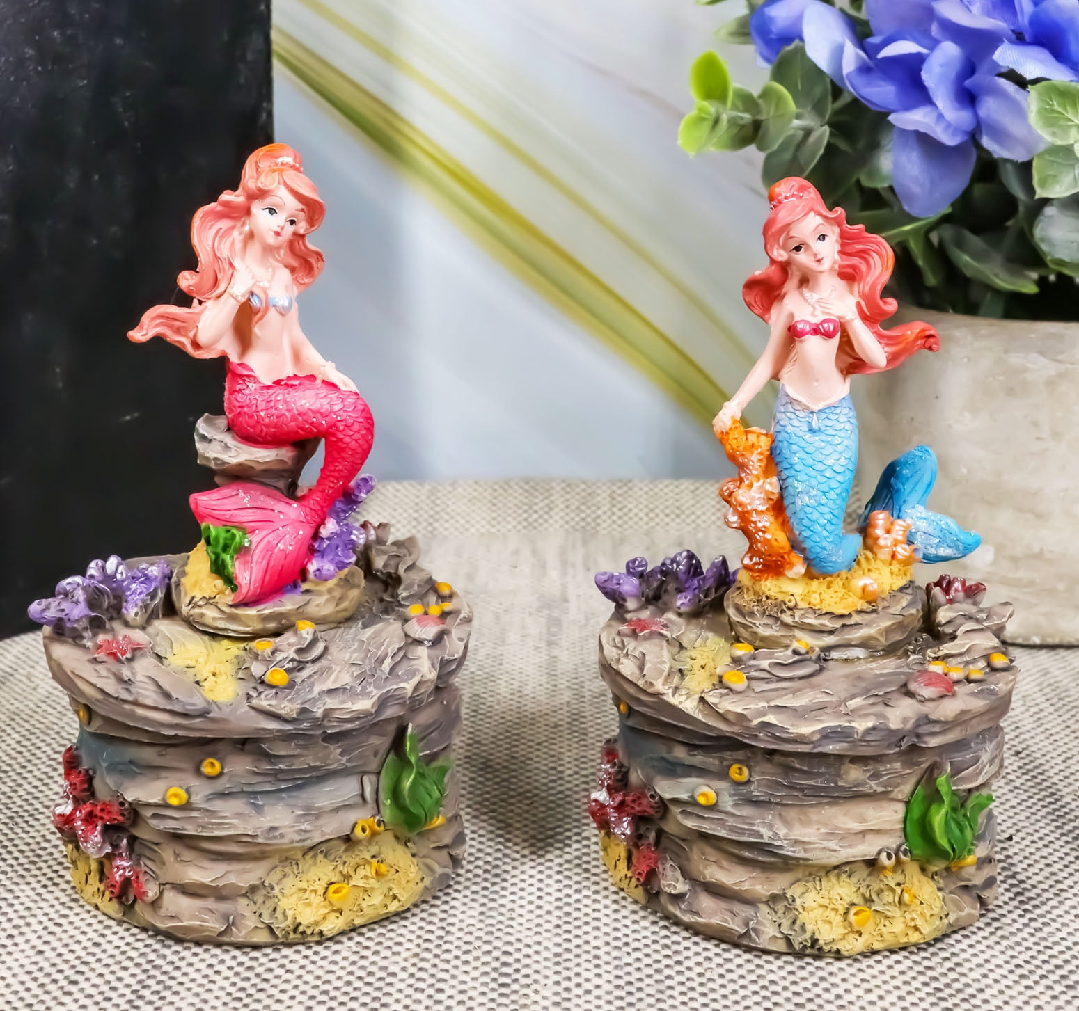 4"H Blue And Pink Tail Mermaid Mergirls On Corals Decorative Box Set Of ...