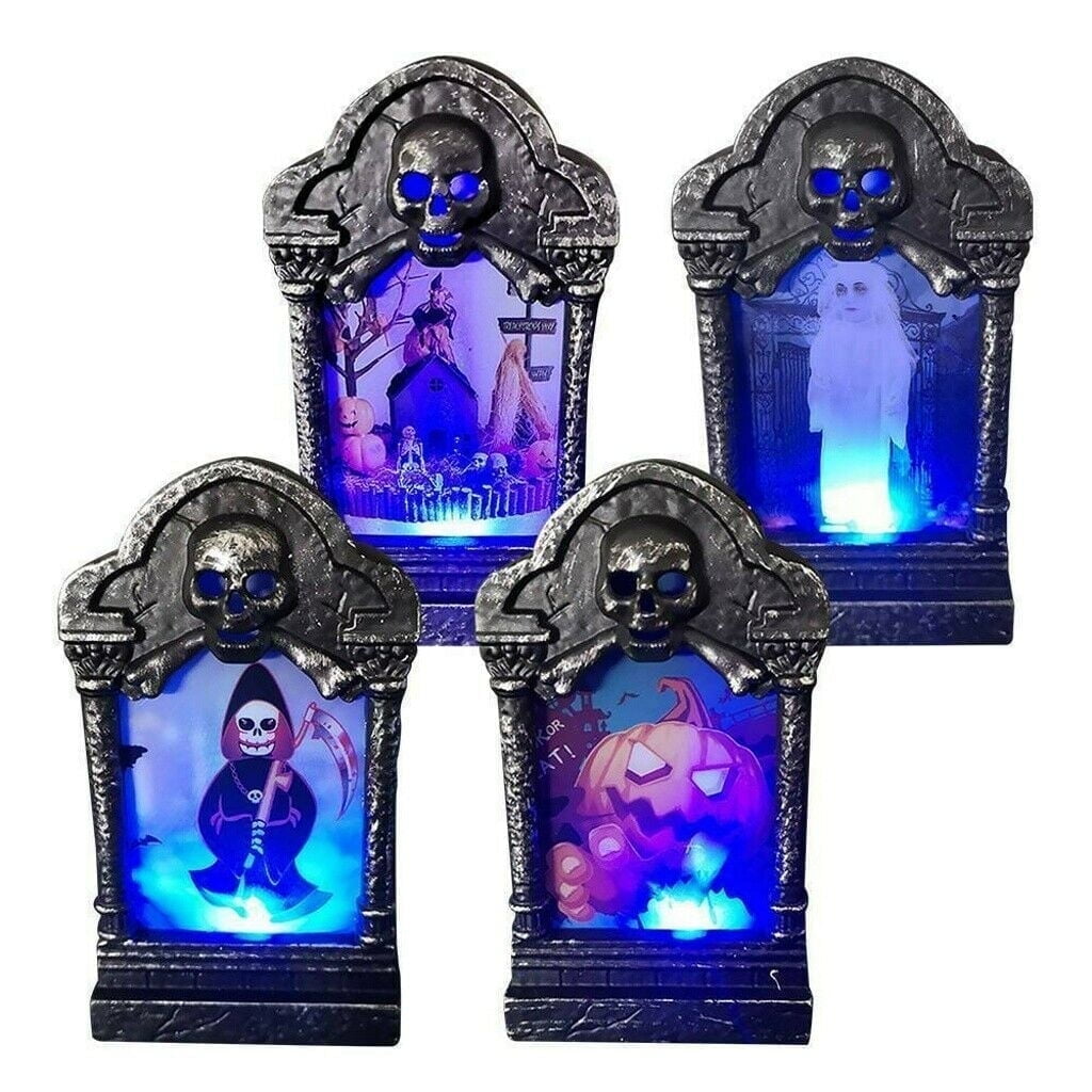 4 Halloween Decoration props Tombstones Light Up Red Eyes Gravestones ...