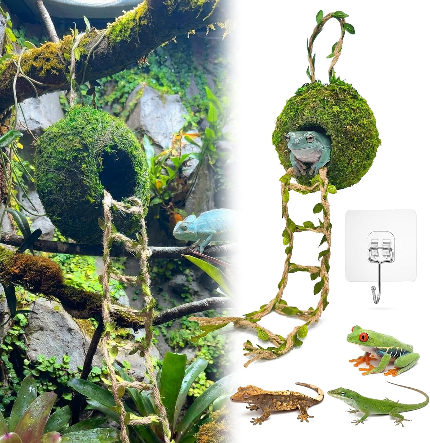 4" Hanging Moss Reptile Hide Cave with Hemp Climbing Ladder for Geckos ...