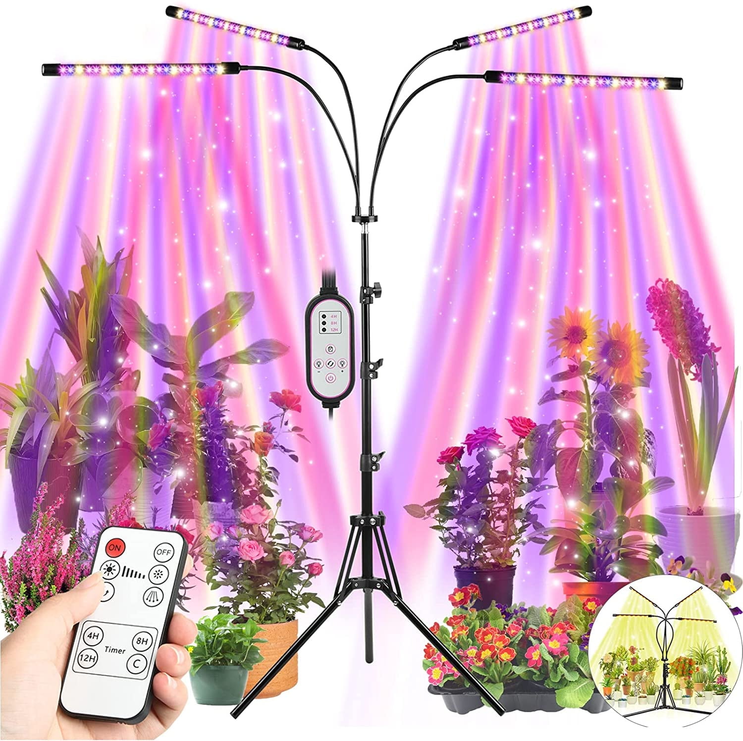 4 Head Led Grow Light With Stand Full Spectrum Dual Remote