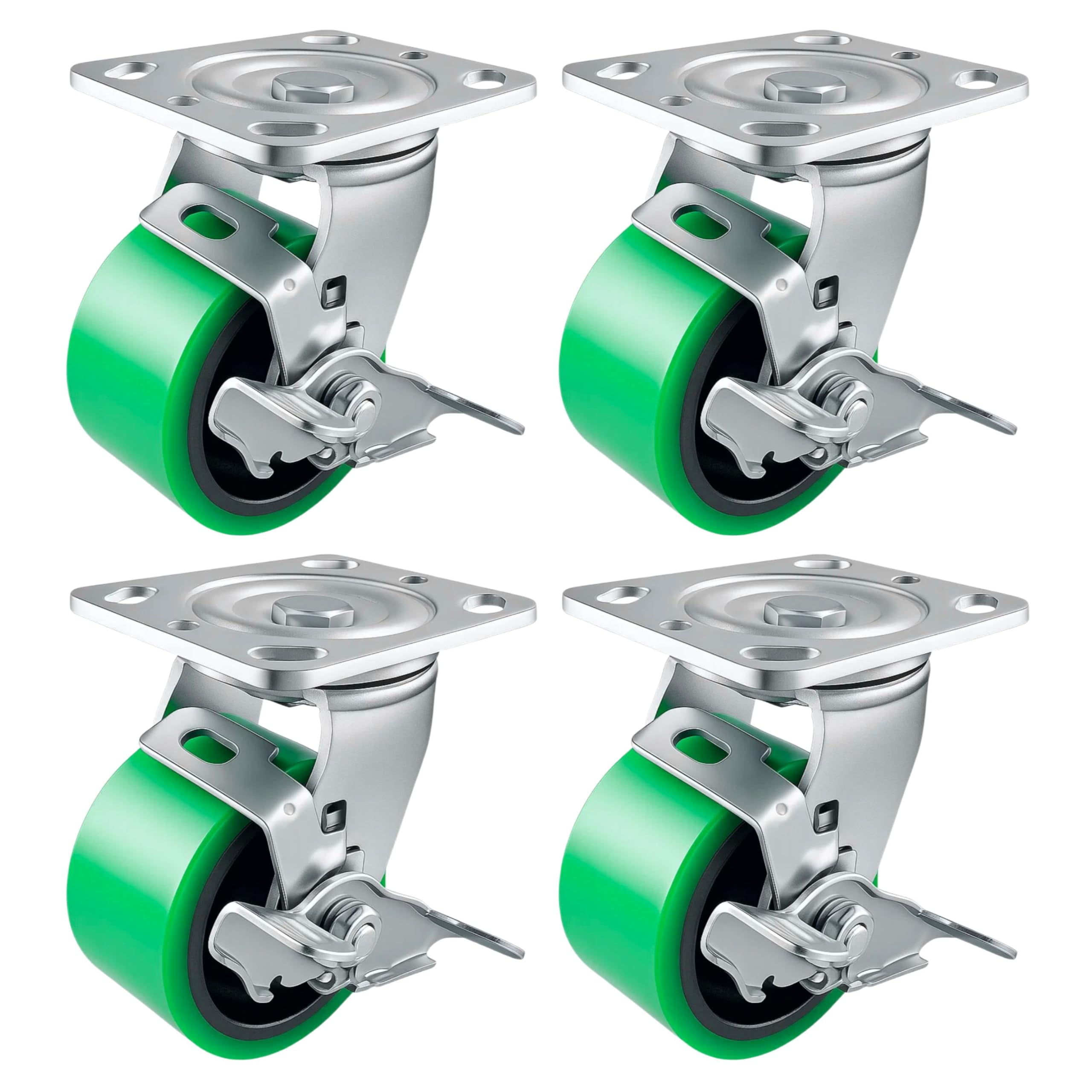 4 Heavy Duty Caster Set 4" Green Polyurethane on Cast Iron Wheels - 4 ...
