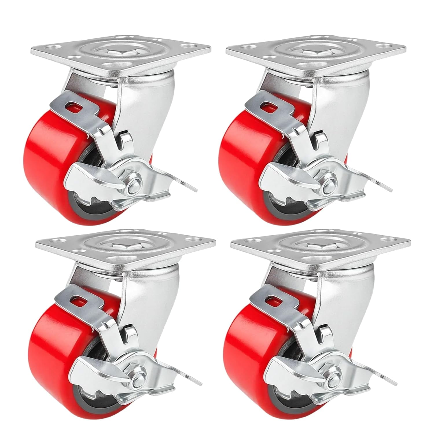 4 Heavy Duty Caster Set 4" Red Polyurethane on Cast Iron Wheels - 4 ...
