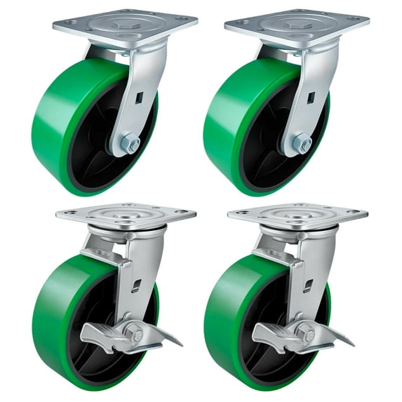 4 Heavy Duty Caster Set 6" Green Polyurethane on Cast Iron Wheels - 2 ...