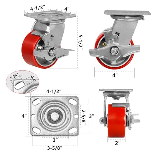 4" Heavy Duty Caster Wheels, Polyurethane Industrial Casters Set of 4 ...