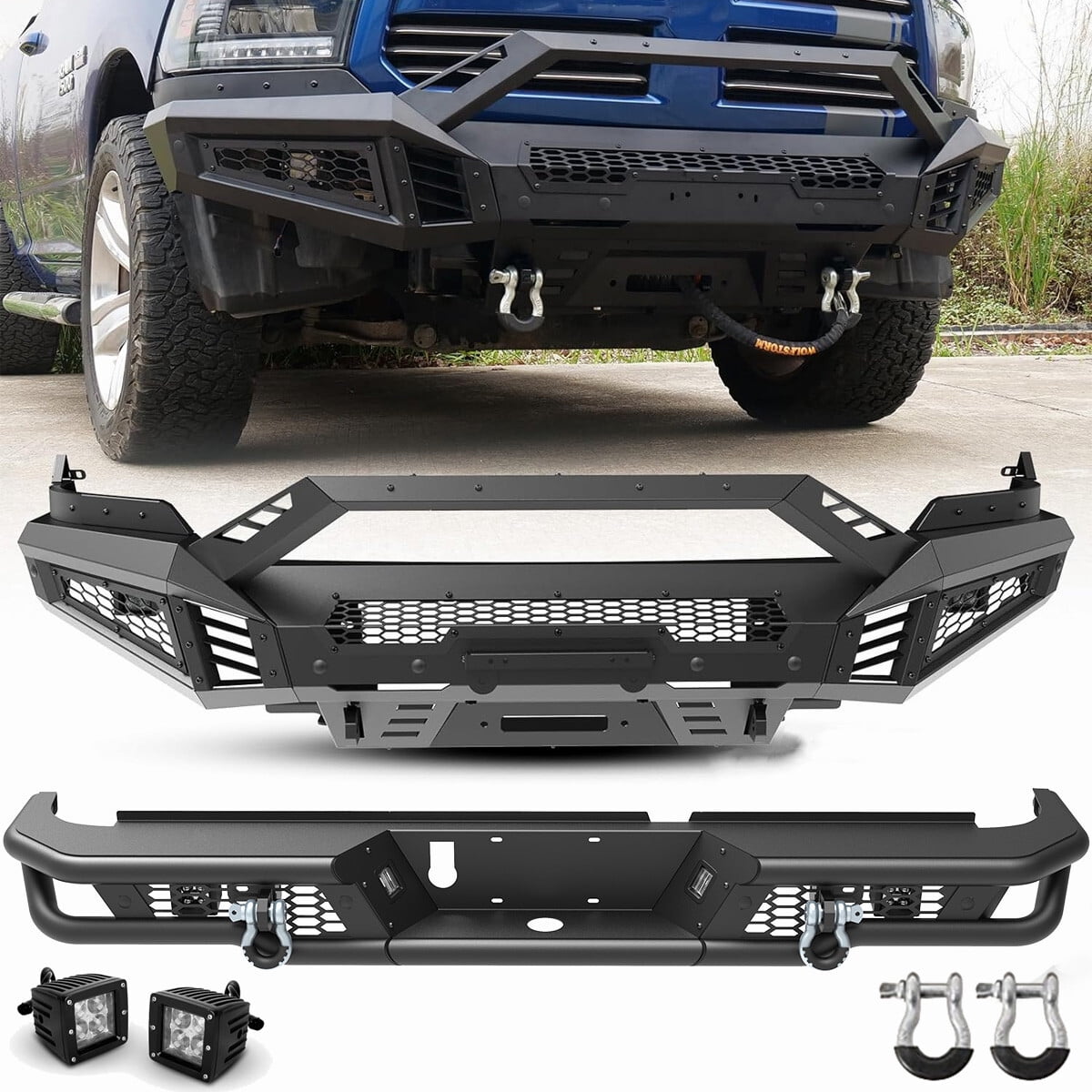 4 IN 1 Front Bumper(Side Wings+Bull Bar+Skid Plates)&Rear Bumper w/LED ...