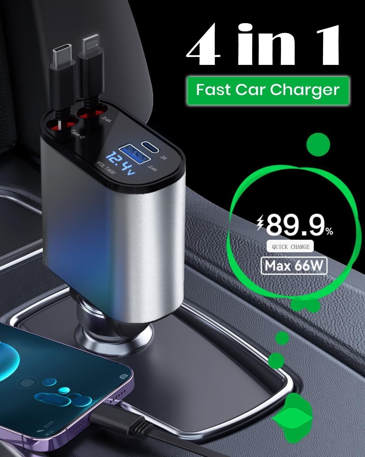 4 IN 1 Retractable Car Charger Cable Dual Port USB C PD Fast Charging Adapter - Walmart.com