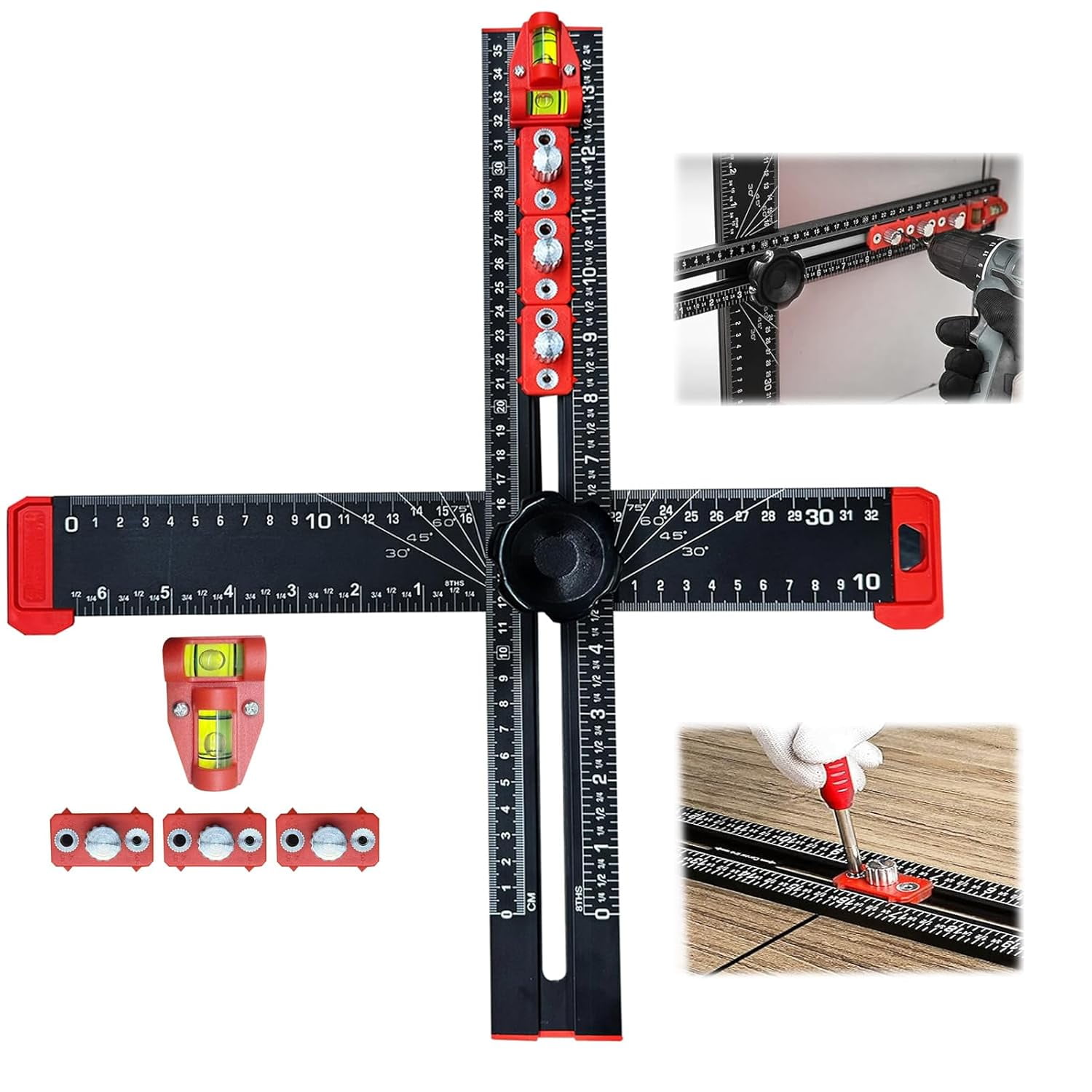 4-In-1 Drilling Ruler, Adjustable 14 Inches 35 cm Multi-Function T ...
