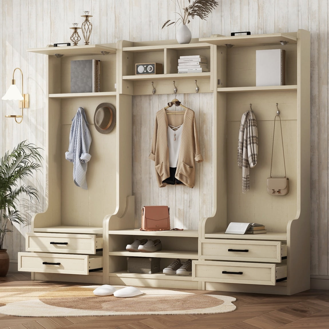 4 In 1 Entryway Hall Tree With Bench And Shoe Rack 7 Hooks 4 Drawers ...