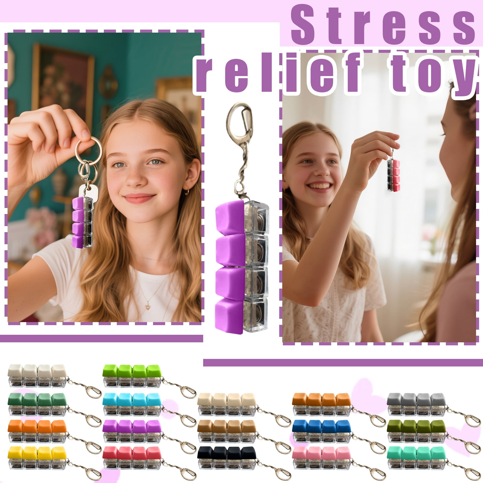 4-In-1 Keyboard Stress Relief Keychain, Interactive Finger Click Button ...