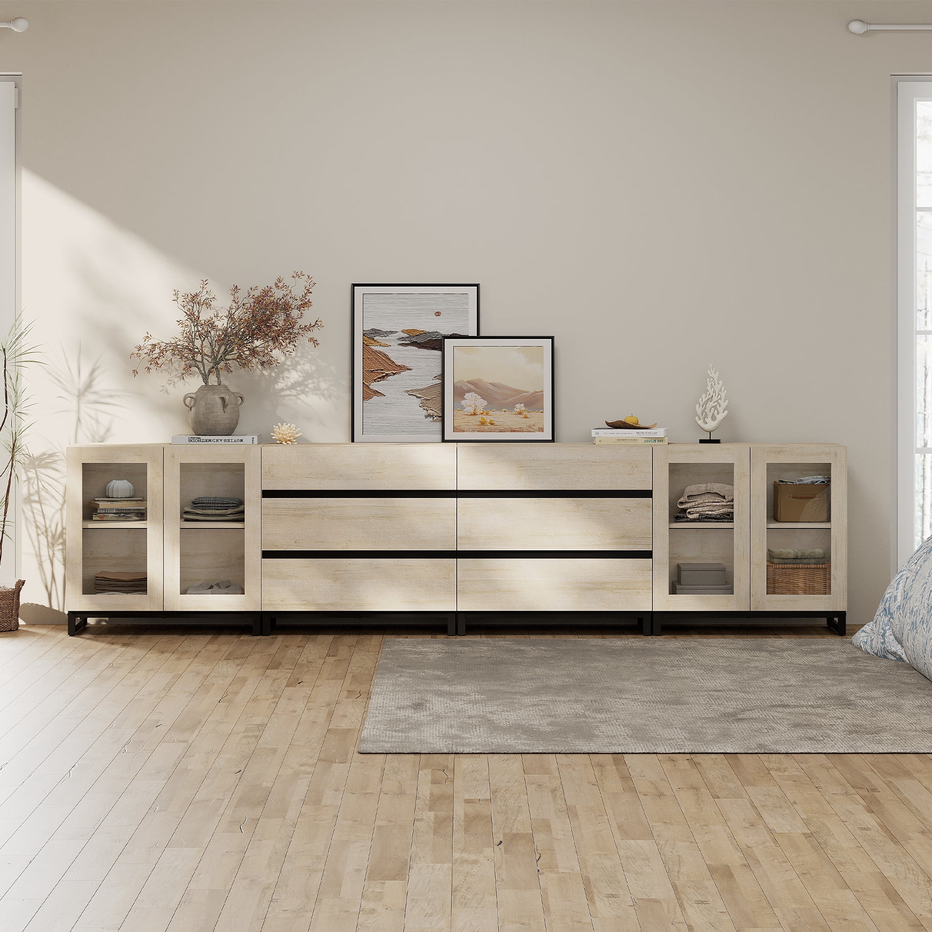 4 In 1 Multifunctional Chest of Drawers, Glass Door Dresser with 6 ...