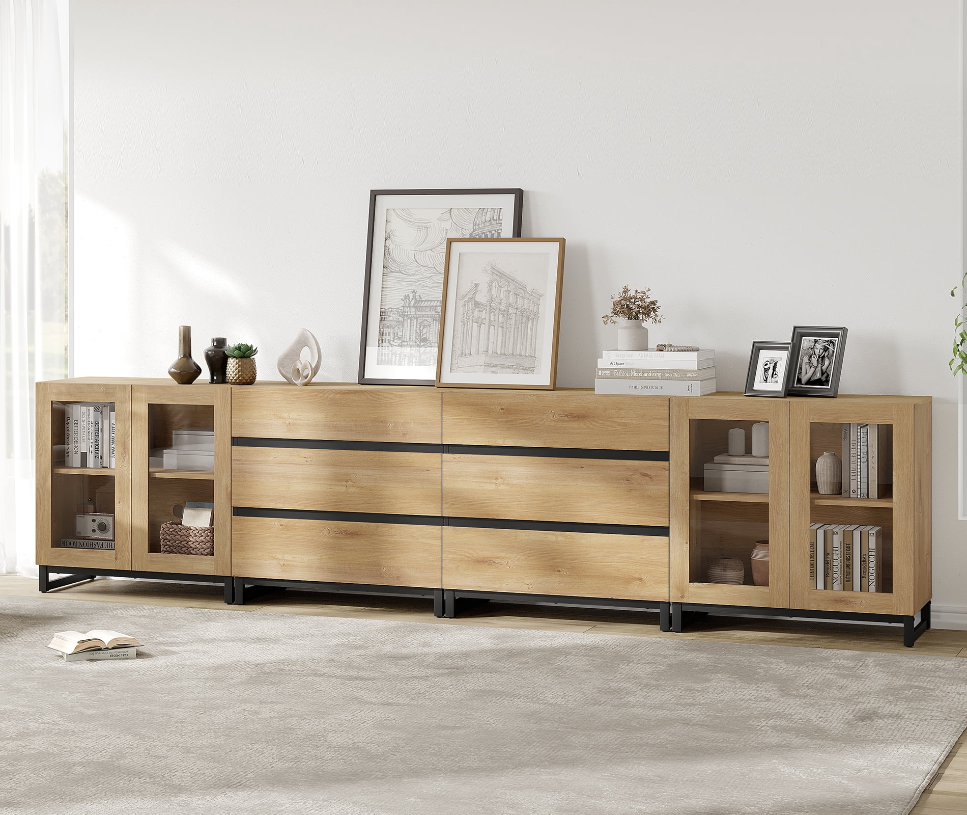 4 In 1 Multifunctional Chest of Drawers, Glass Door Dresser with 6 ...