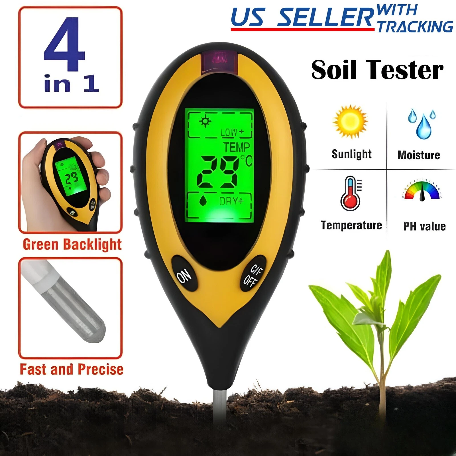 4 In 1 Ph Tester Soil Water Moisture Light Test Meter For Garden Plant ...