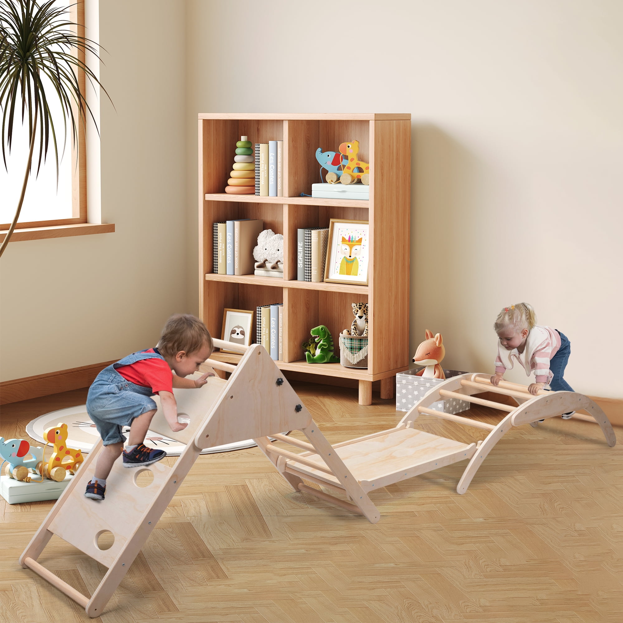 4-In-1 Pikler Triangle Gym Set with Sliding Ramp, Arch Climber, Rocker ...