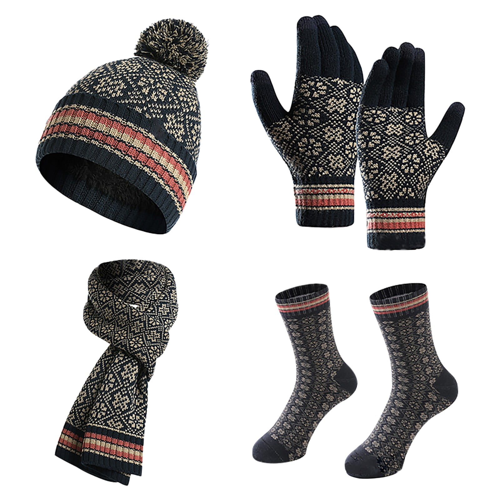 4 In 1 Women Winter Knitted Beanie Hat Scarf Gloves Socks Earmuff Set ...