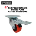 4 In. Red Polyurethane and Steel Swivel Plate Caster with Locking Brake ...