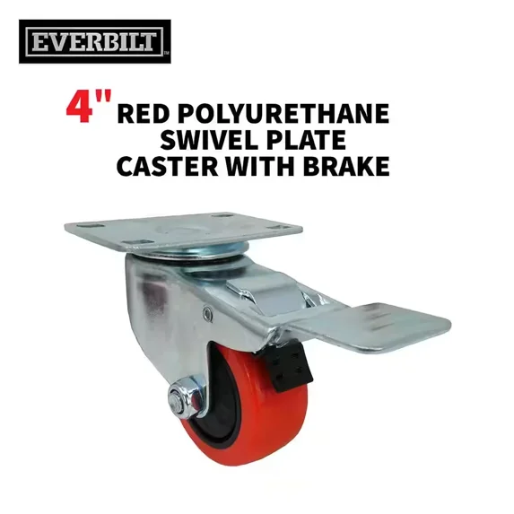 4 In. Red Polyurethane and Steel Swivel Plate Caster with Locking Brake ...