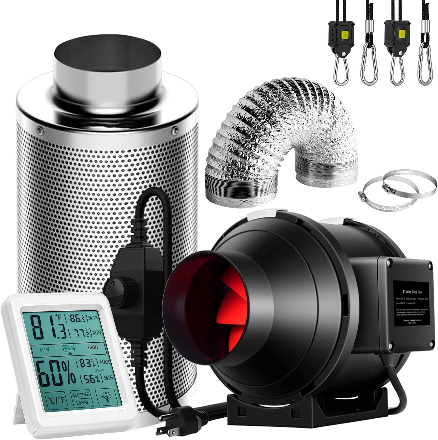 4 Inch 190 CFM Inline Fan with Speed Controller, 4 Inch Carbon Filter ...