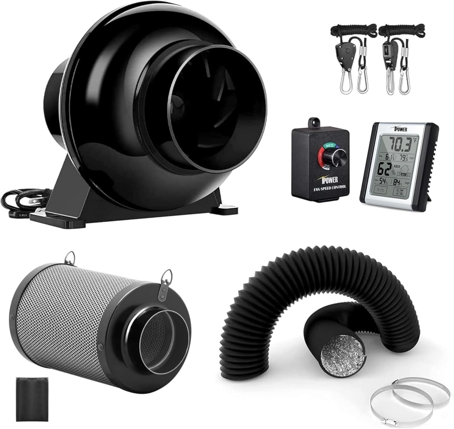 4 Inch 195 CFM Inline Fan with Air Carbon Filter, 8 Feet PVC Ducting ...