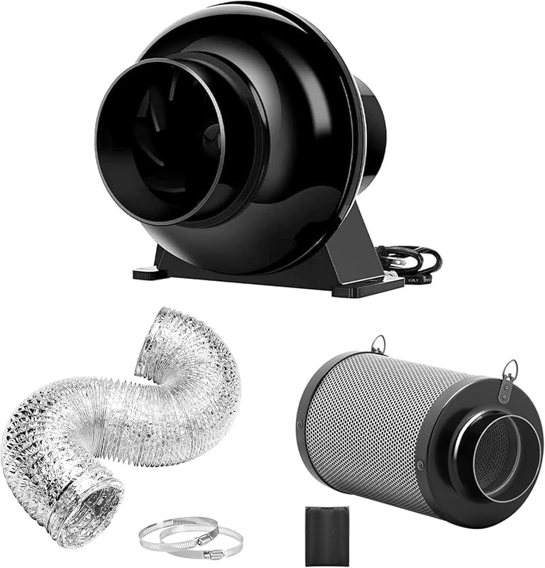 4 Inch 195 CFM Inline Fan, Air Carbon Filter, 8 Ft Al Foil Ducting for ...