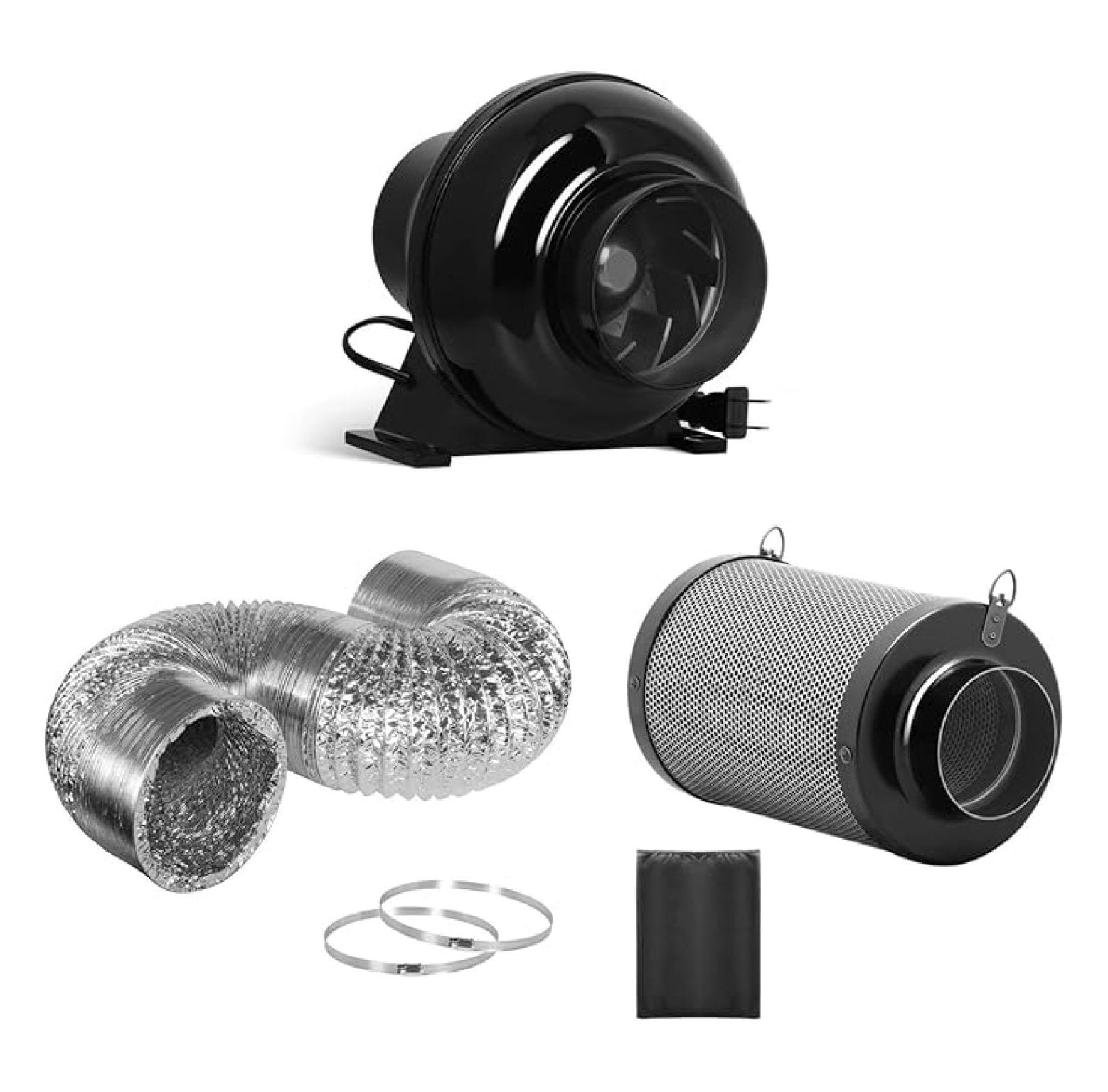 4 Inch 195 CFM Inline Ventilation Fan Quiet Vent Blower Carbon Filter ...